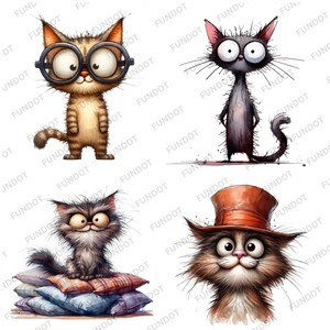 28 Quirky Whimsical Cats Clipart PNG Bundle Watercolour Cute & Funny ...