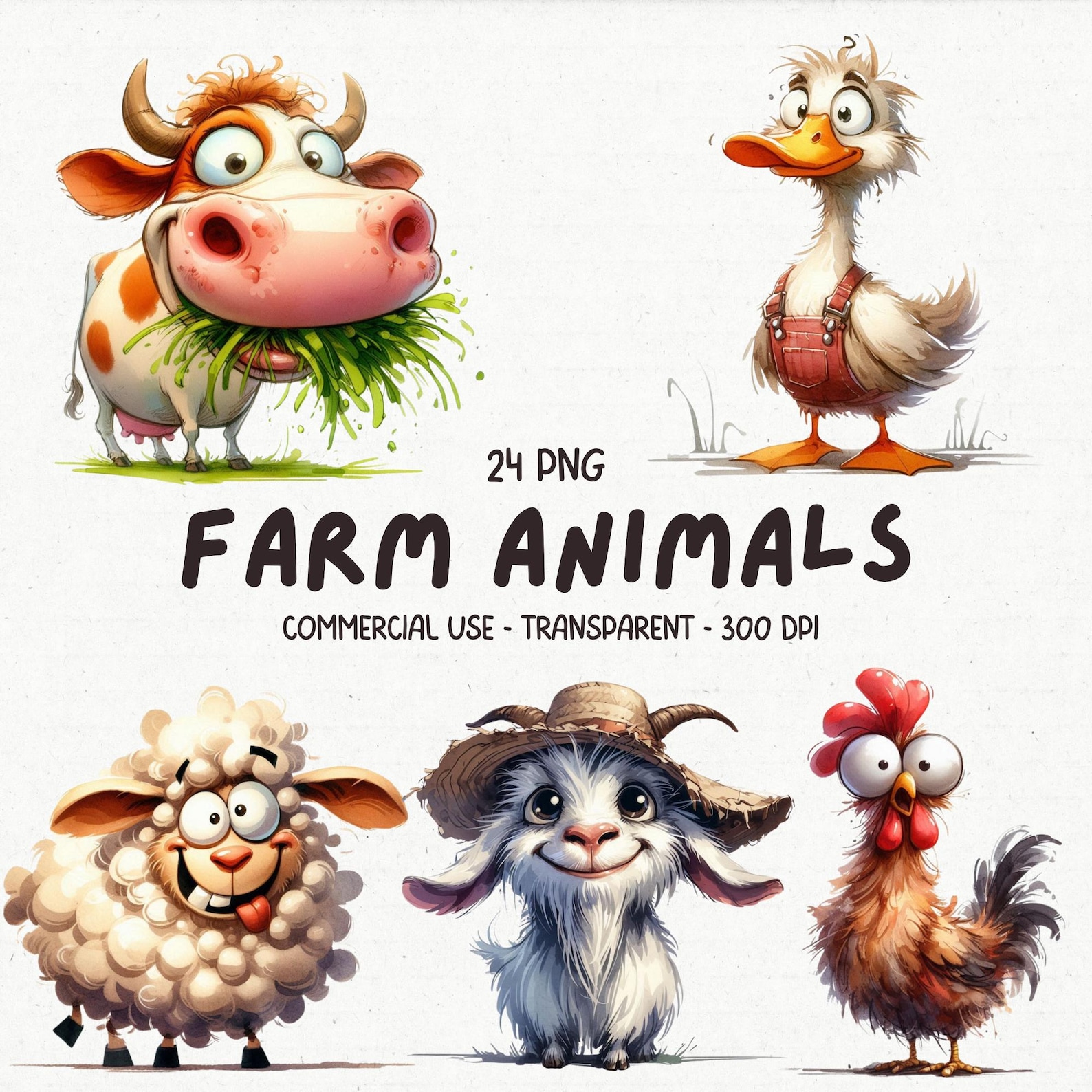 24 Quirky Farm Animals Clipart PNG Images - Watercolor Cute & Funny ...