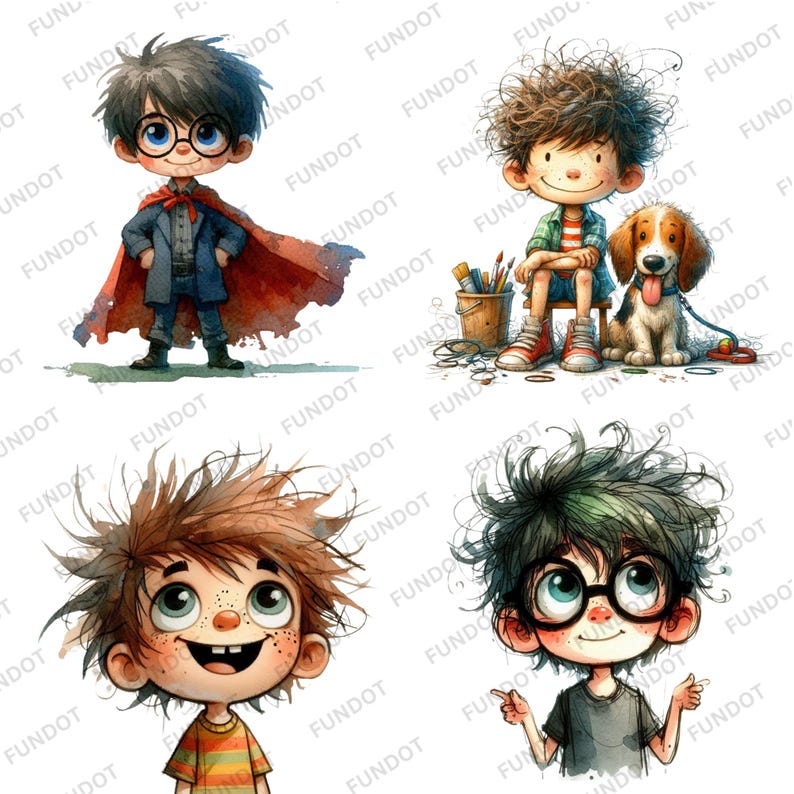 25 Cute Whimsical Boy Clipart PNG Bundle - High Quality Printable ...