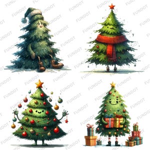 20 Cute Funny Christmas Tree PNG Clipart - Watercolor Xmas Quirky ...