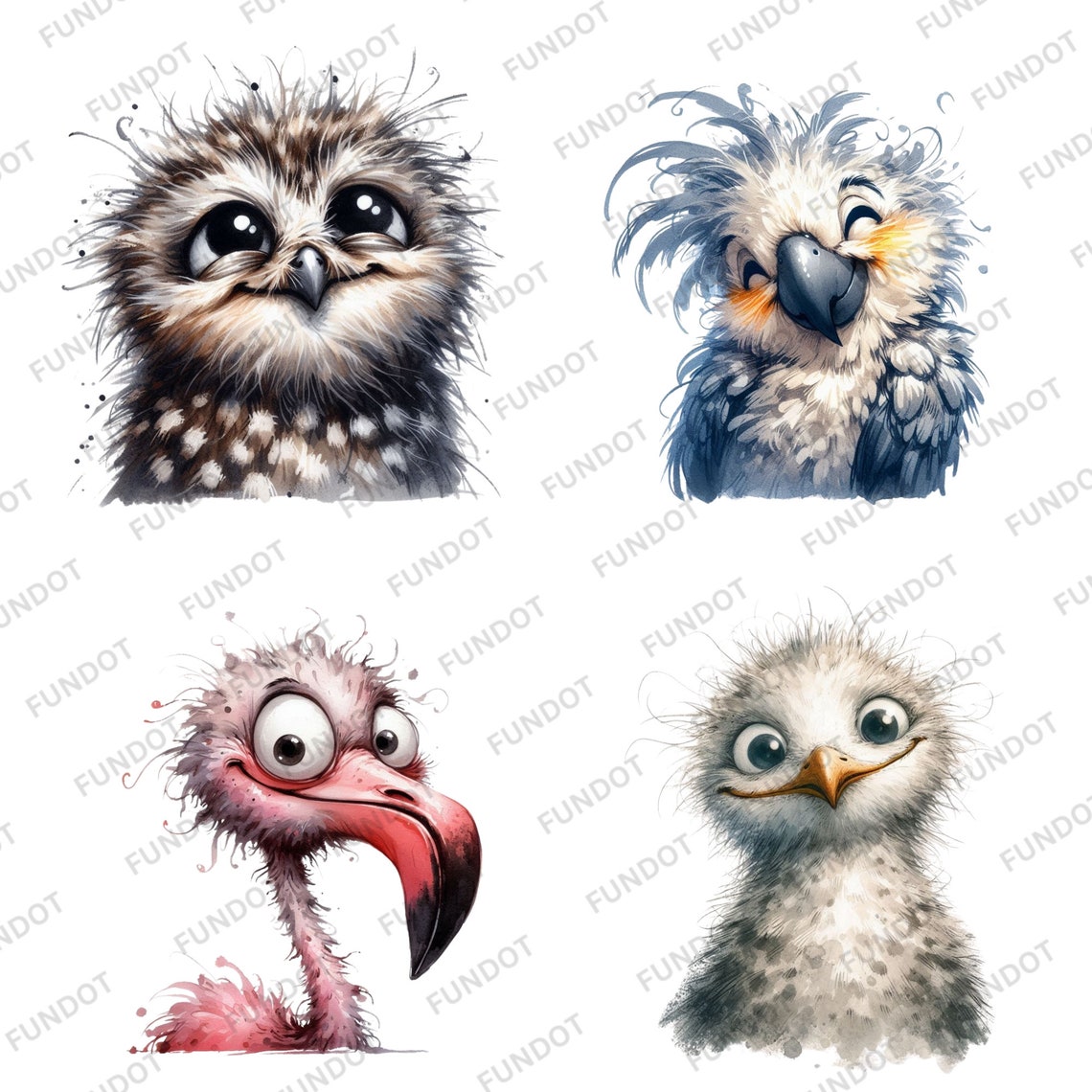 Quirky Bird Faces Clipart PNG Bundle 24 Watercolor Cute Funny & Crazy ...
