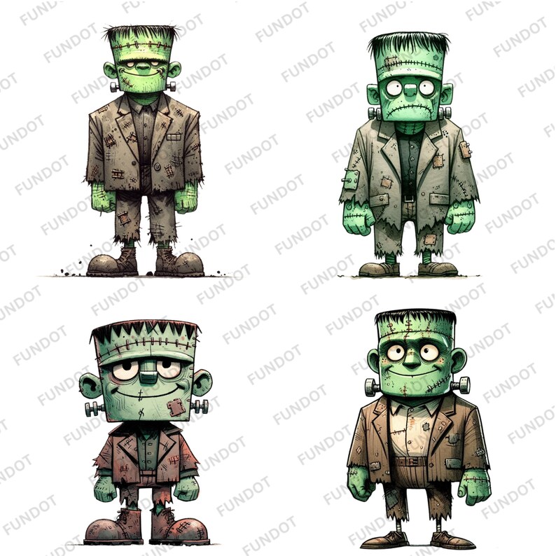 Funny & Cute Halloween Frankenstein Monster Clipart PNG Bundle - 16 ...