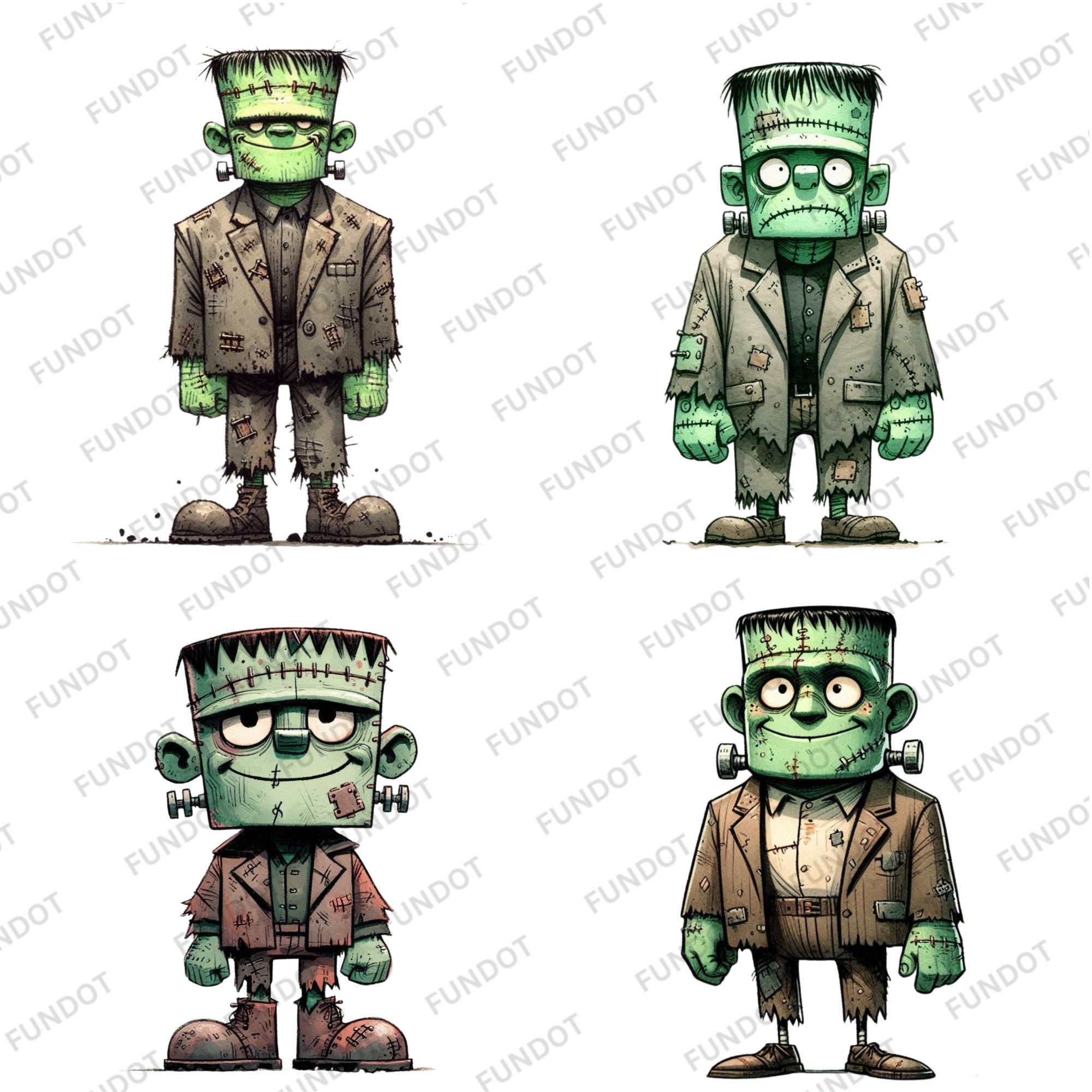 Funny & Cute Halloween Frankenstein Monster Clipart PNG Bundle - 16 ...