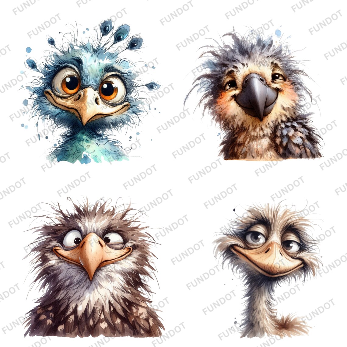 Quirky Bird Faces Clipart PNG Bundle 24 Watercolor Cute Funny & Crazy ...