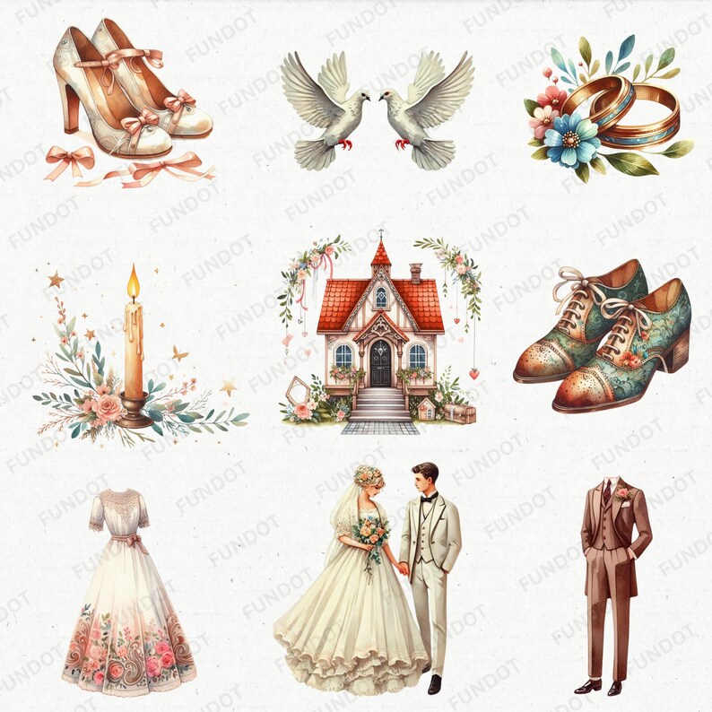Boho Vintage Wedding Clipart Bundle, Watercolor Wedding Day Timeline ...