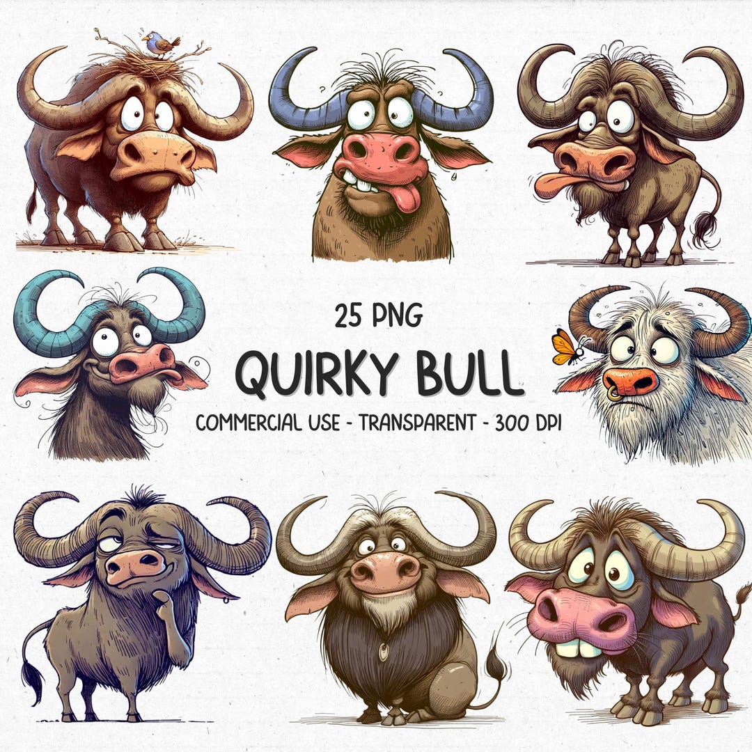 25 Quirky Buffalo Bull Clipart PNG Bundle - Watercolour Funny Cow Art ...