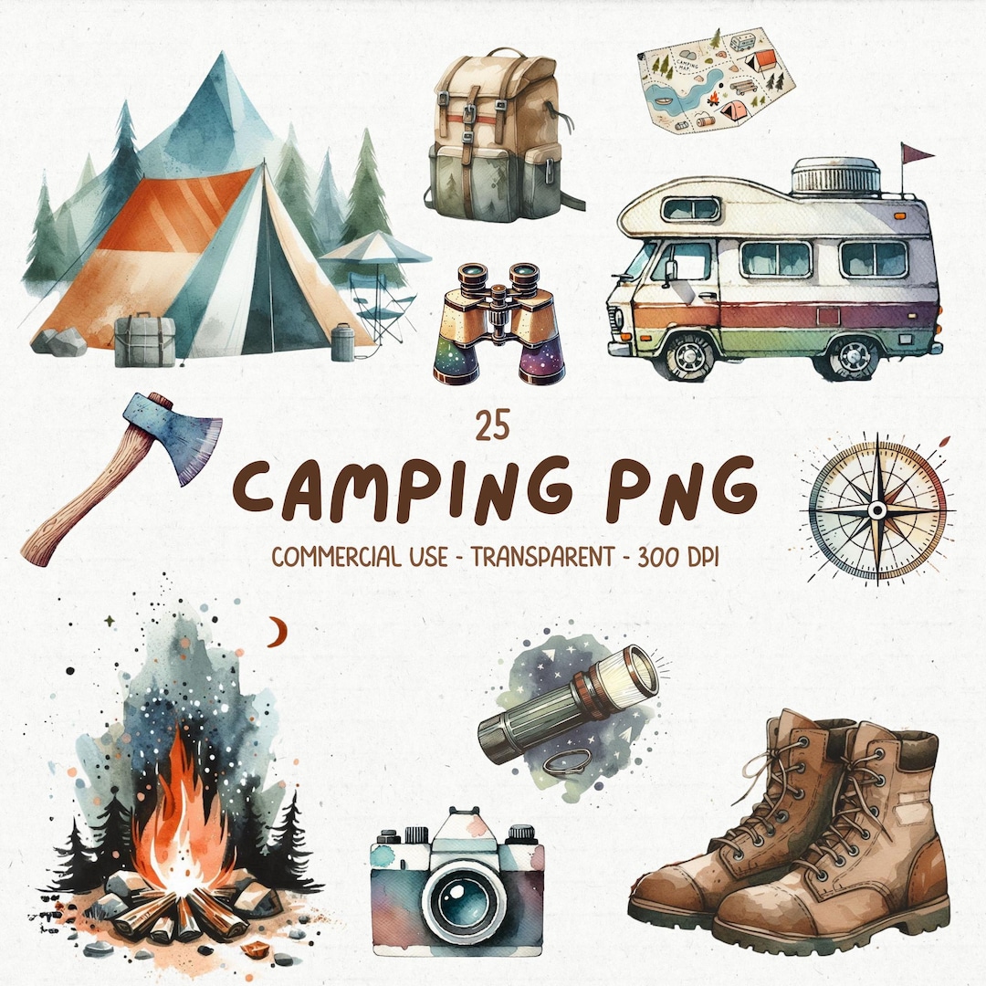 25 Camping Adventure PNG Clipart Bundle - Watercolor Outdoor Travel ...