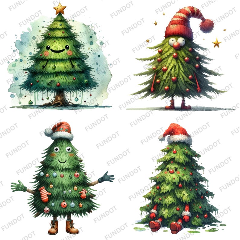20 Cute Funny Christmas Tree PNG Clipart - Watercolor Xmas Quirky ...