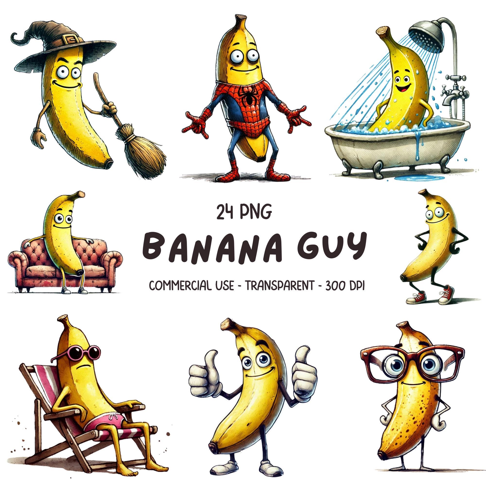 24 Funny Banana Clipart - Watercolor Quirky Bananas PNG Printable Sublimation Design - Digital ...