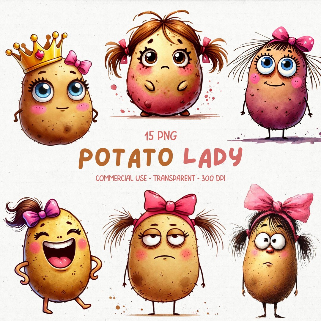 15 Funny Potato Lady Girl PNG Clipart - Watercolor Quirky Vegetable ...
