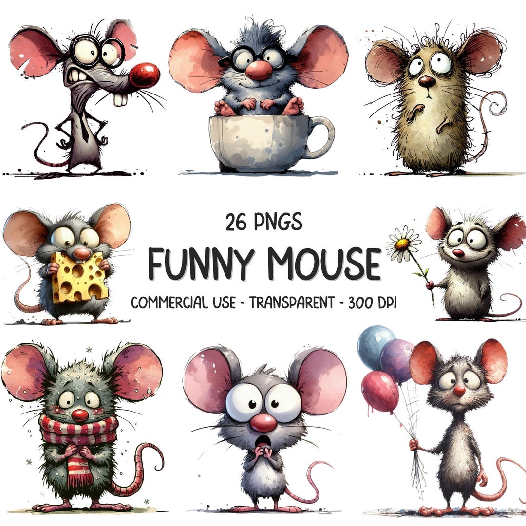 26 Quirky Funny Mouse Rat PNG Clipart - Watercolor Cute Mice Animals ...