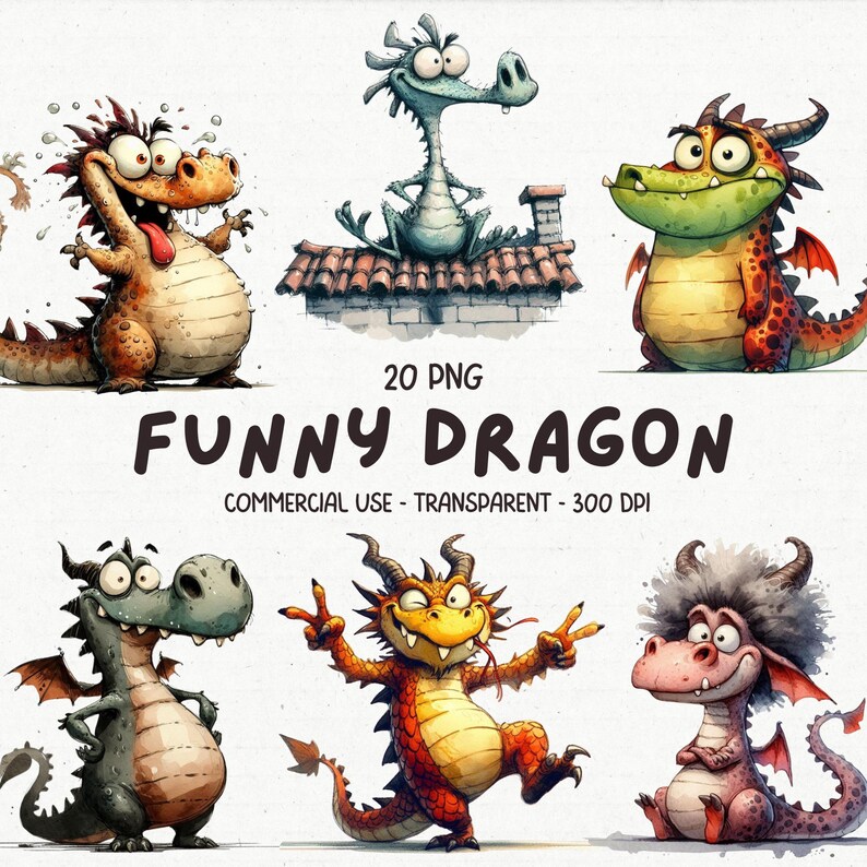 20 Funny & Quirky Dragons Clipart PNG Bundle - Watercolor High Quality ...