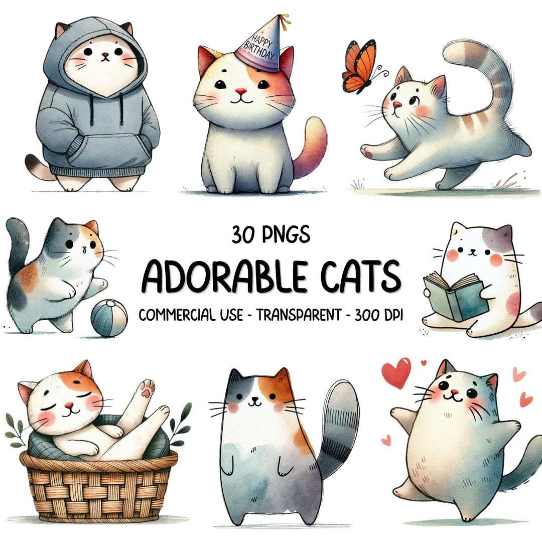 30 Cute Adorable Cats Clipart PNG Bundle - Watercolor Kawaii & Funny ...