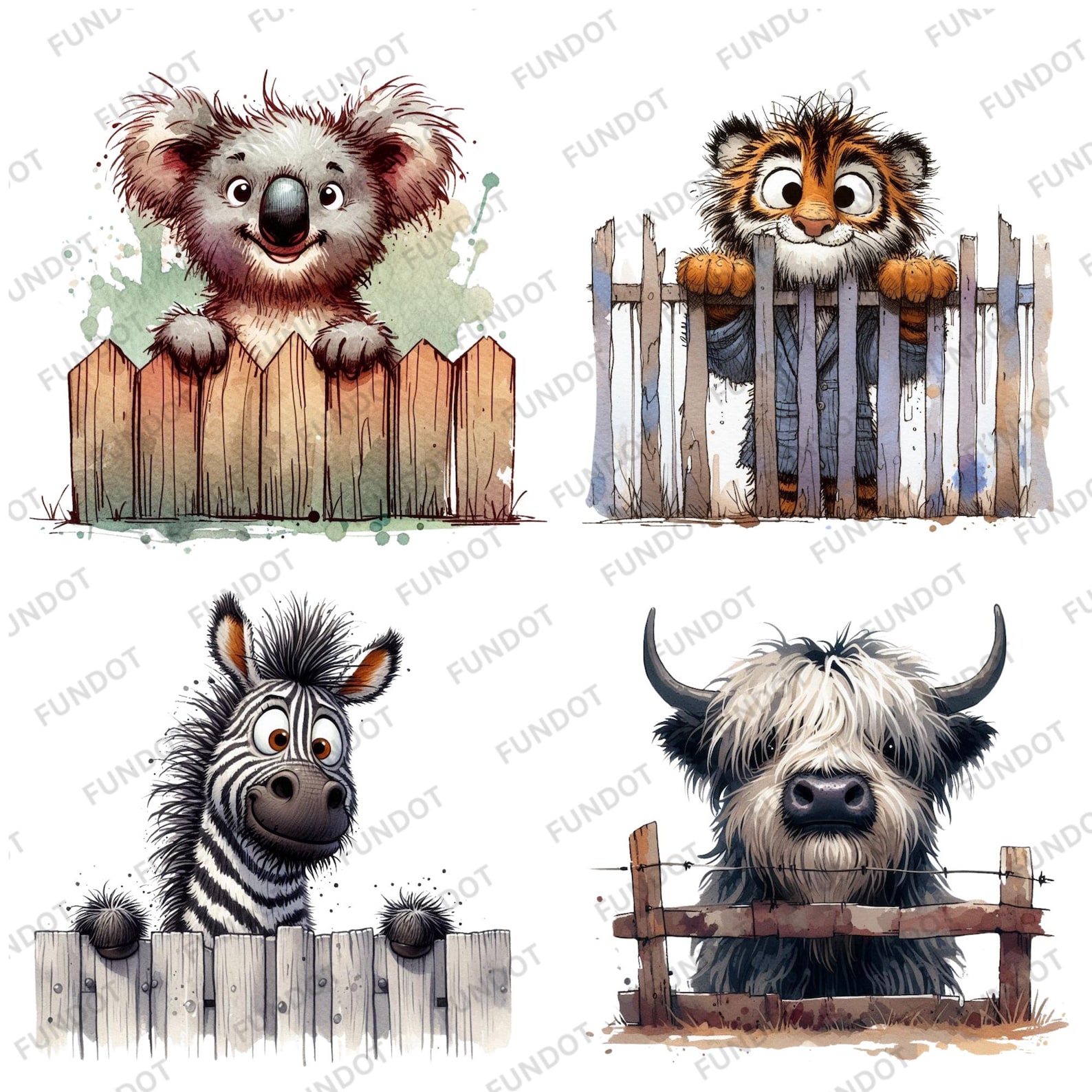 30 Funny Peeking Animals Clipart PNG Bundle - Watercolor Quirky Cute ...