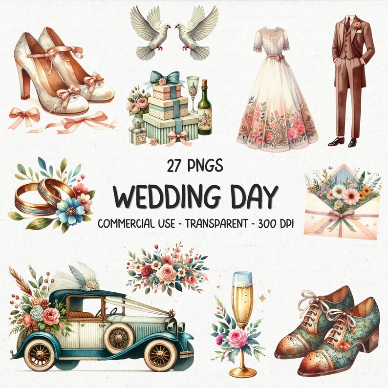Boho Vintage Wedding Clipart Bundle, Watercolor Wedding Day Timeline ...