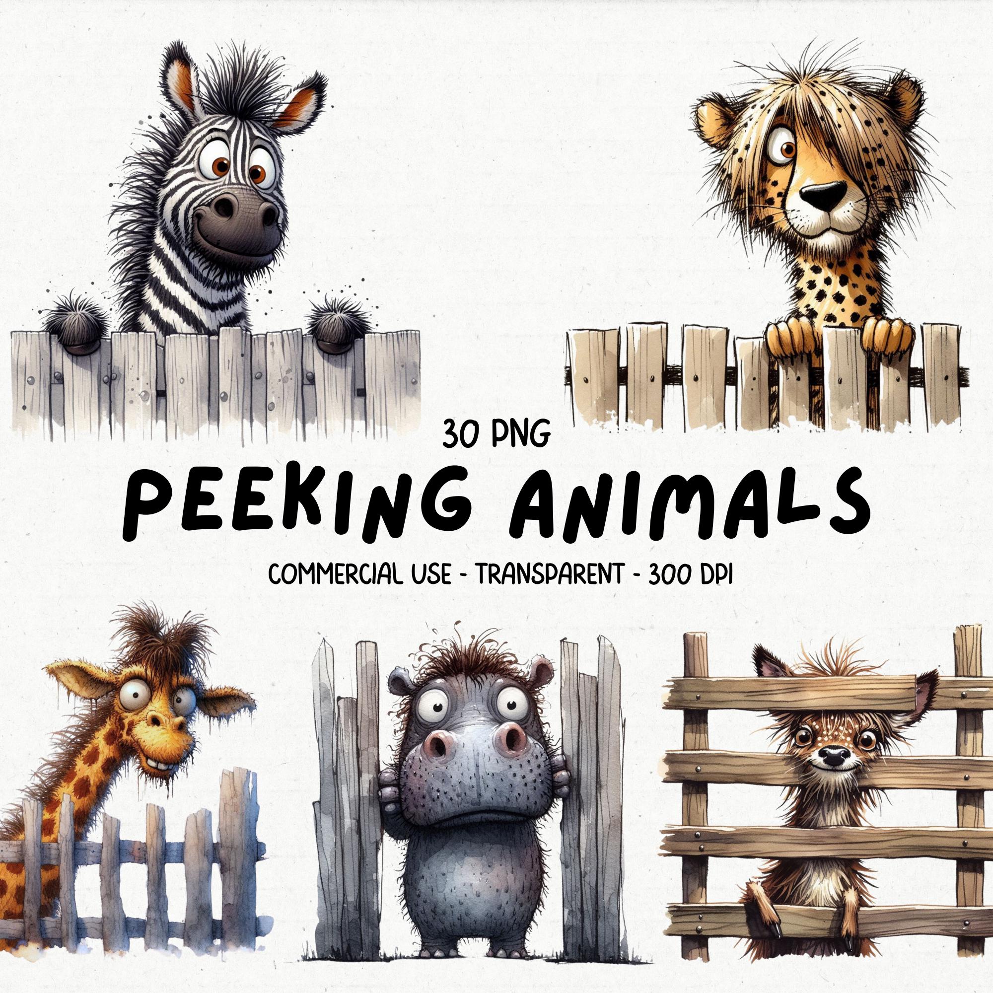 30 Funny Peeking Animals Clipart PNG Bundle - Watercolor Quirky Cute ...