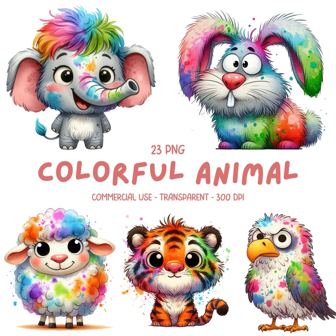 Colorful Cute Holi Animals Clipart PNG Bundle - Paint Colored Safari ...