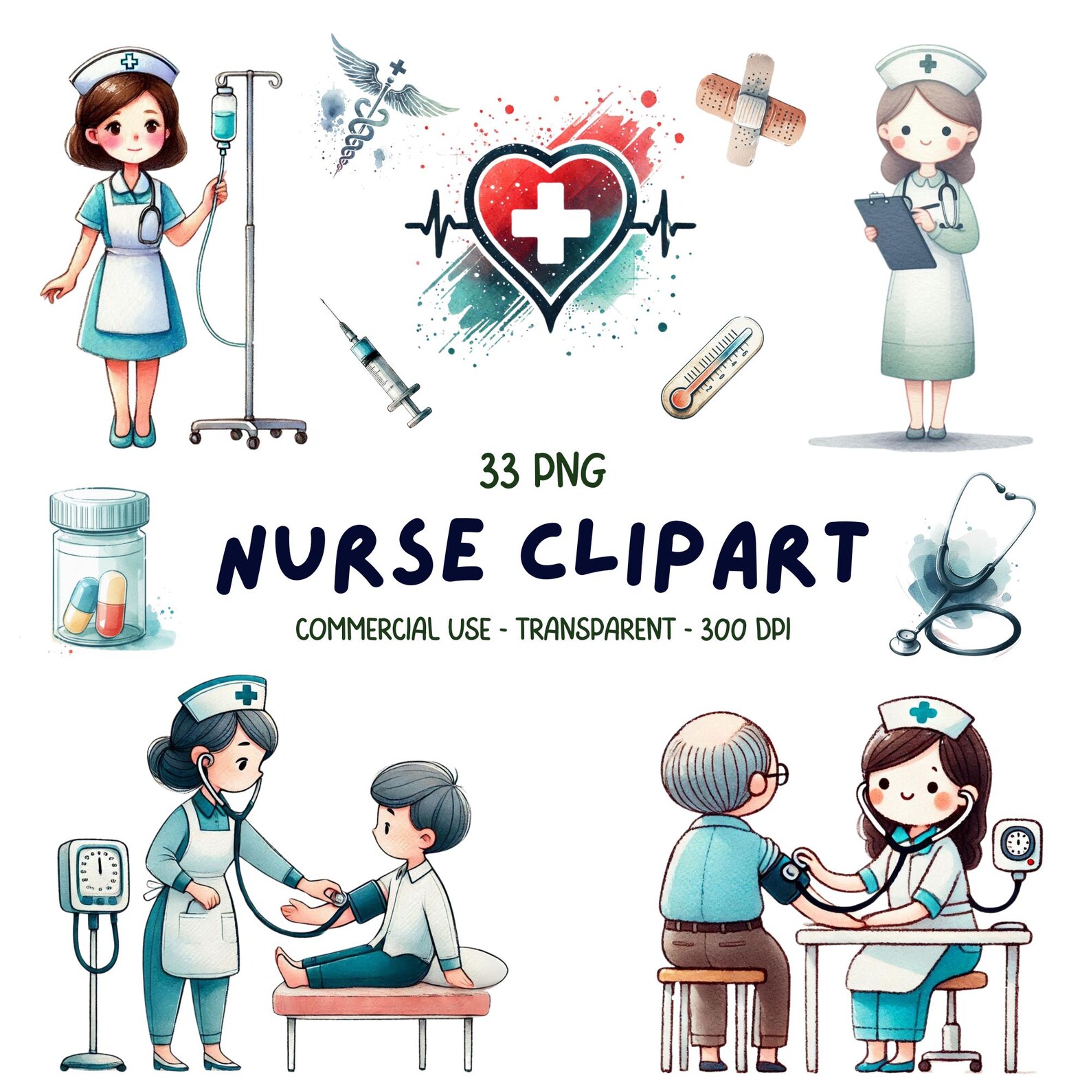33 Medical Nurse Doctor Clipart PNG Bundle - Watercolor Hospital ...