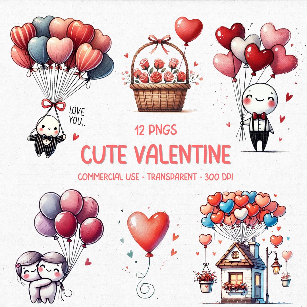 12 Cute Love Valentine Day Clipart PNG - Watercolor Lovely Valentine ...