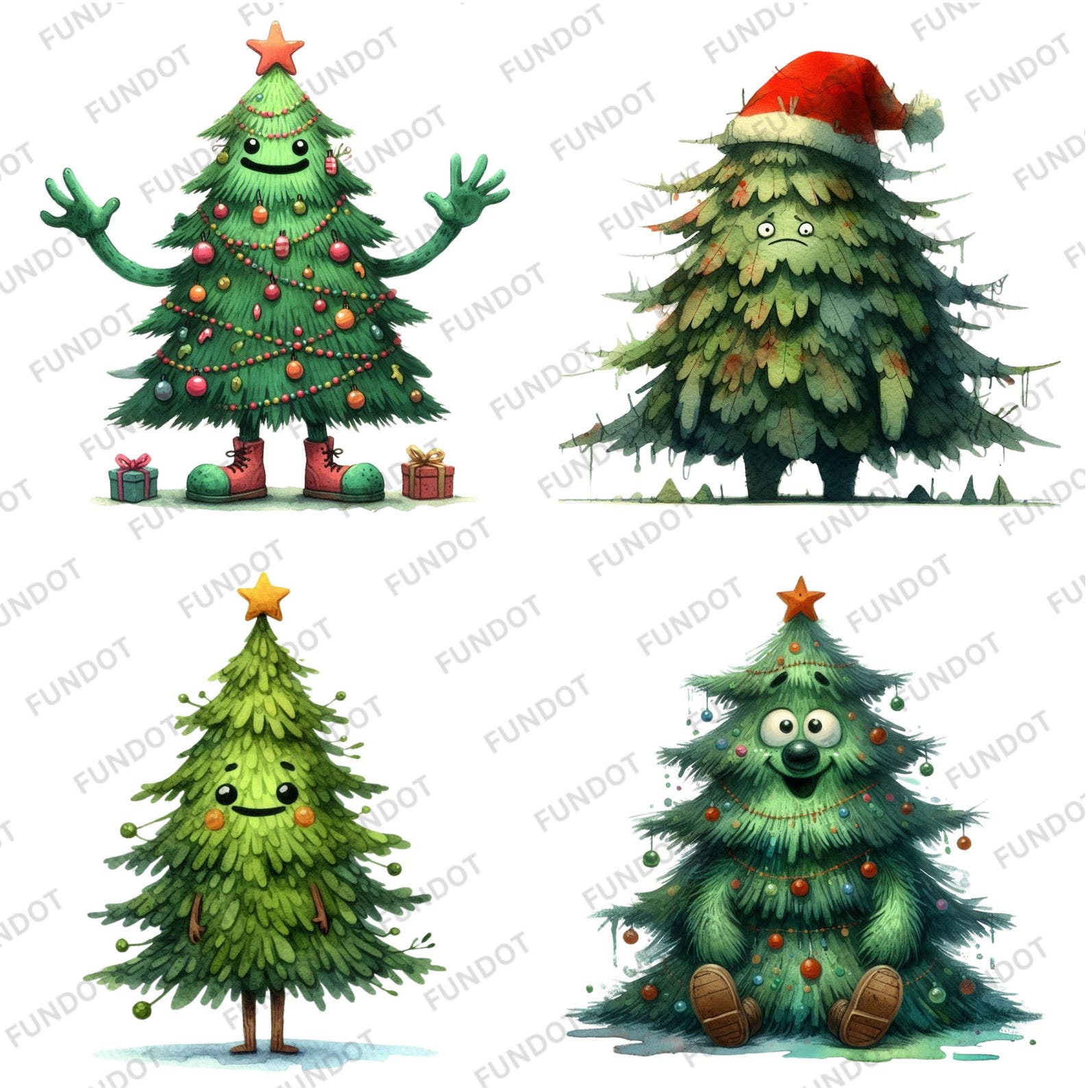 20 Cute Funny Christmas Tree PNG Clipart - Watercolor Xmas Quirky ...