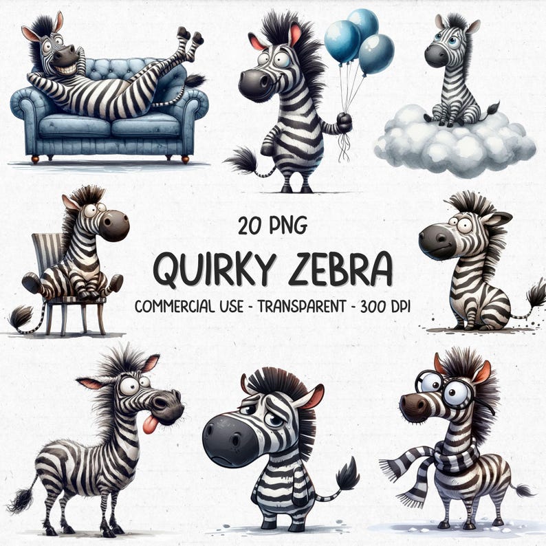 20 Quirky Zebra Clipart PNG Images - Watercolor Funny and Cute Wild ...