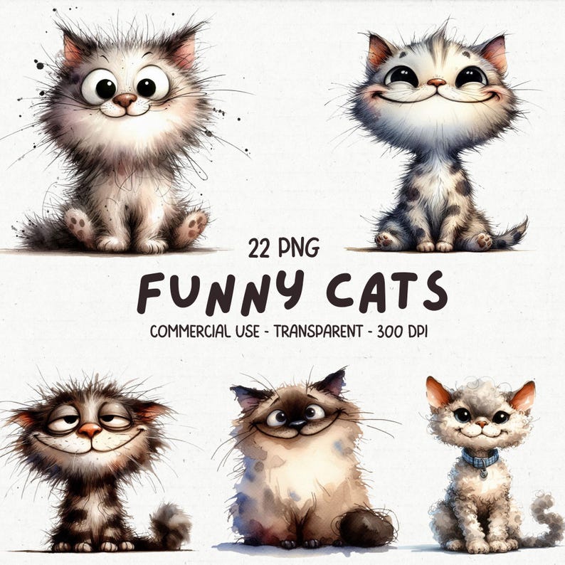 22 Cute & Funny Smiling Cat Clipart PNG Bundle - Watercolor Sweet ...