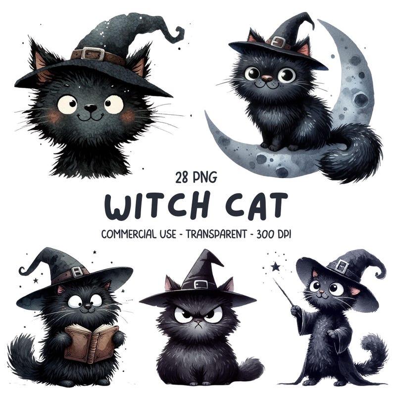 28 Cute Black Witch Cat Clipart Quirky Kitten PNG Bundle - Watercolor ...