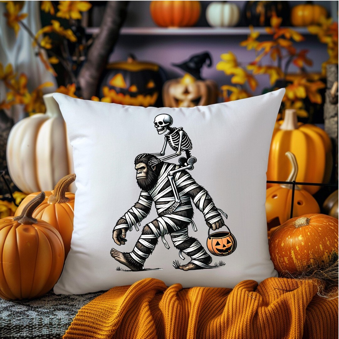 Bigfoot Halloween Pillow, Skeleton Riding on Bigfoot Cushion for ...