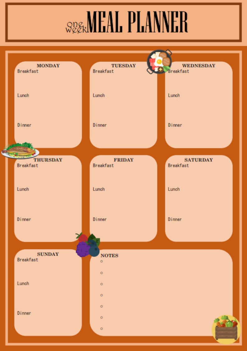 One Week Meal Planner Template - Etsy