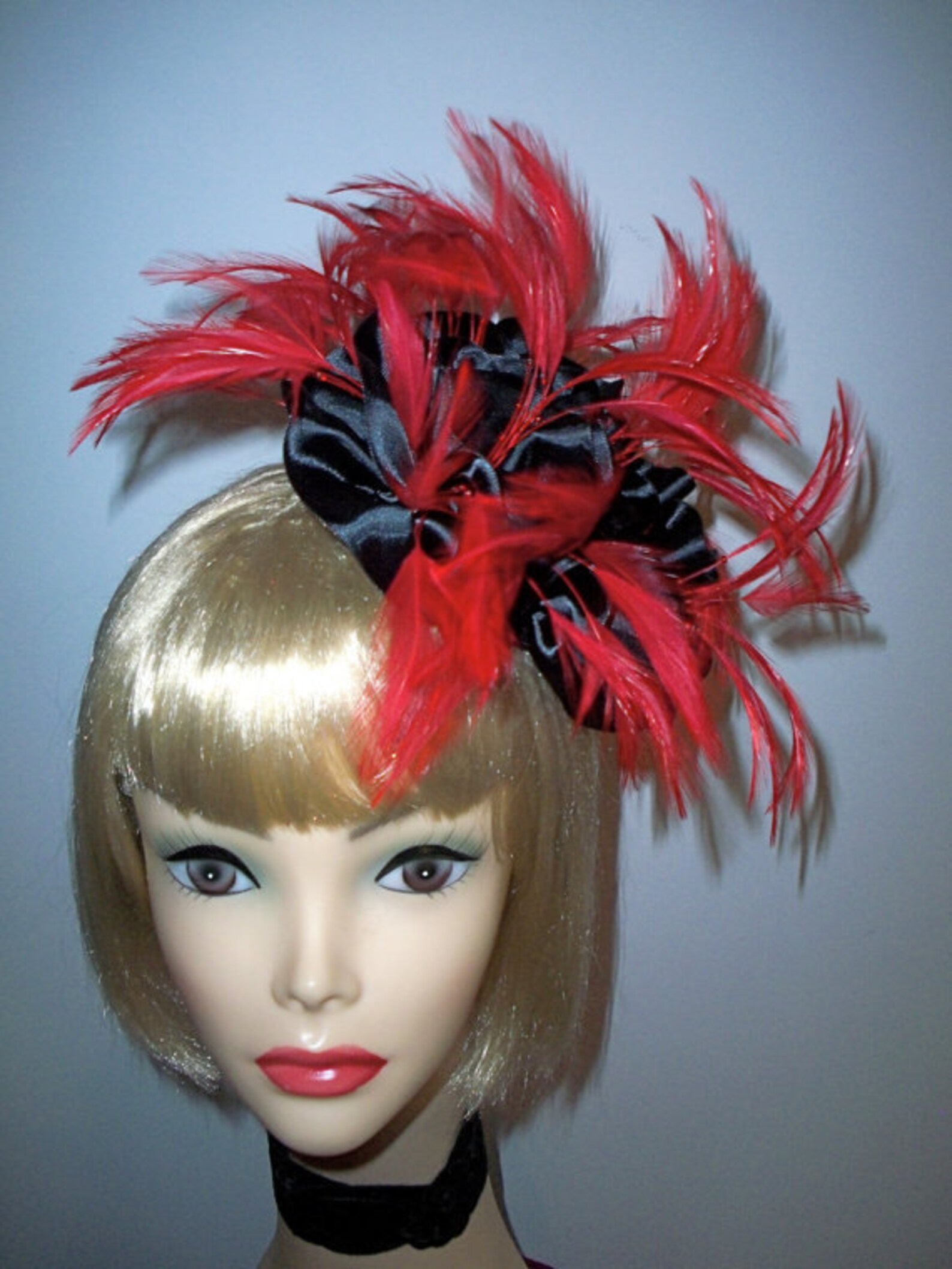 Custom Made Black and Red Feather Cocktail Hat by Taissa Lada Designs,red Hackle Feathers,black ...