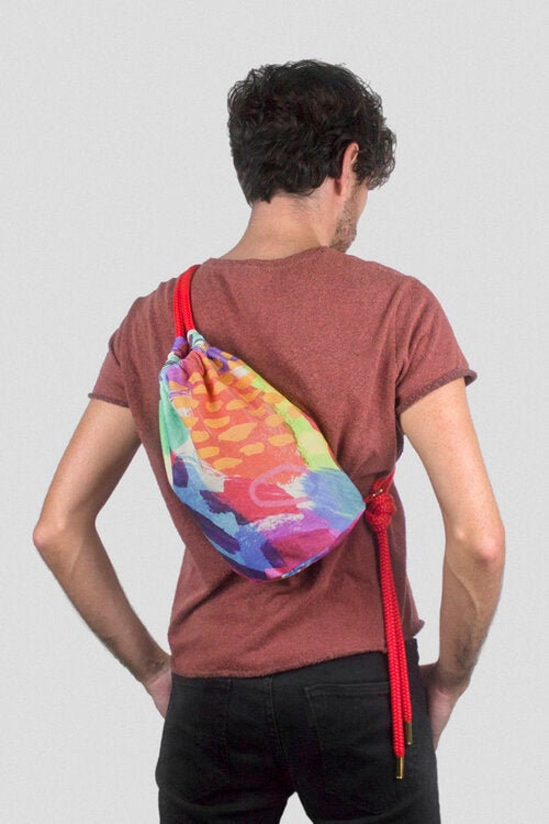 Handmade Mini Drawstring Backpack in Printed Cotton Canvas - Rain Bow ...