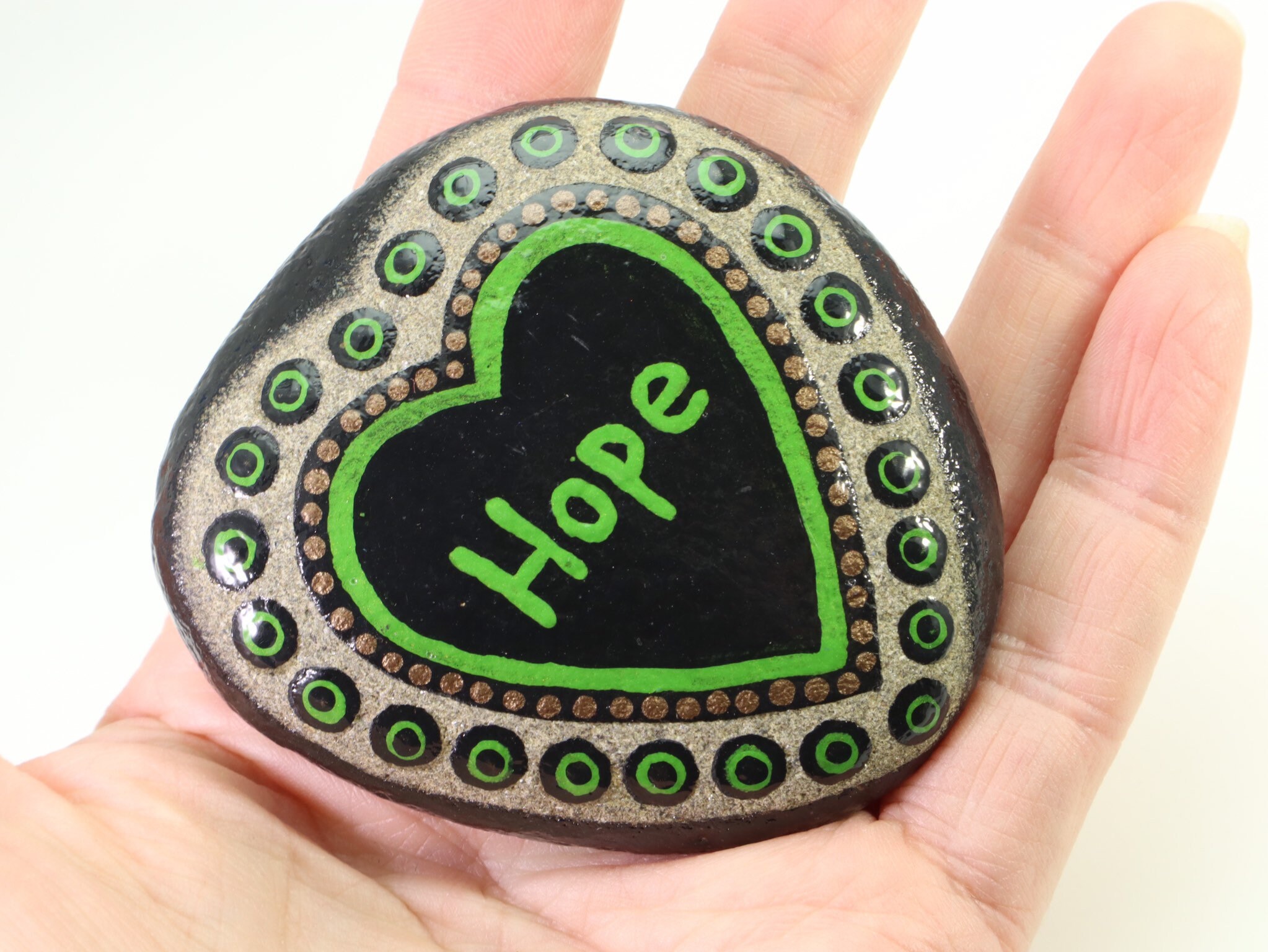 Hand Painted Hope Heart Rock Green & Red Mandala Stone Art | Etsy