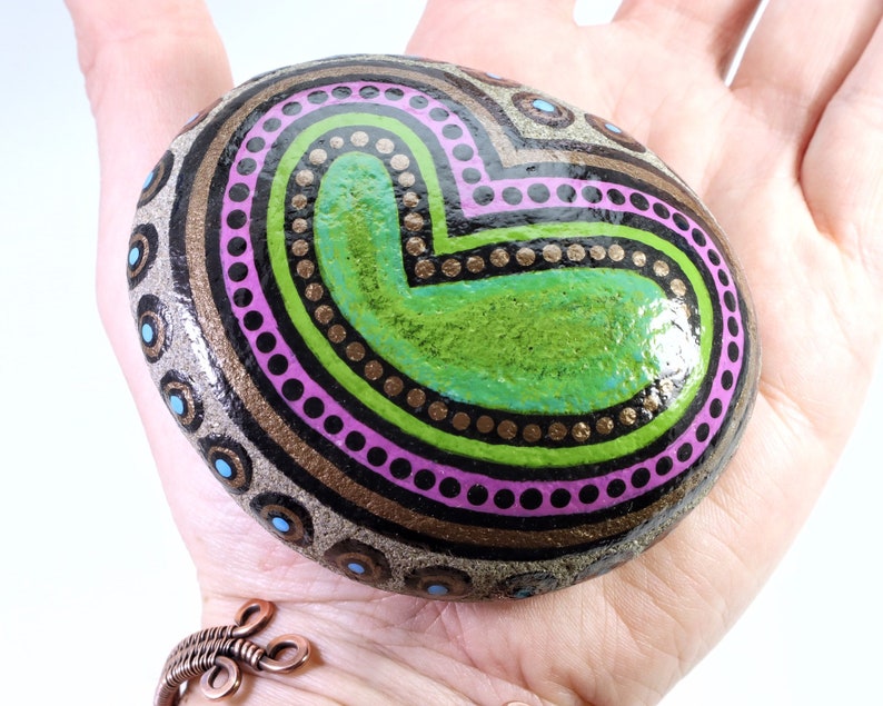 Hand Painted Mandala Heart Rock Green Blue Purple & Bronze - Etsy