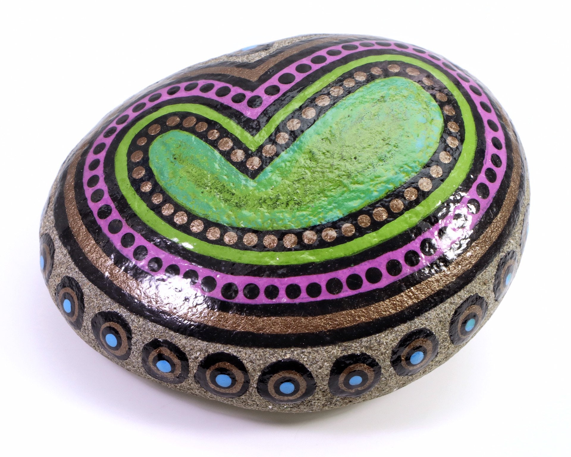 Hand Painted Mandala Heart Rock Green Blue Purple & Bronze | Etsy