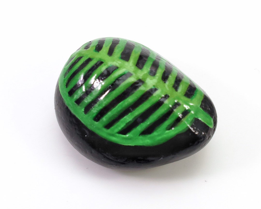 Hand Painted Leaf Rock Green & Black Stone Art, Meditation Rock, Office ...