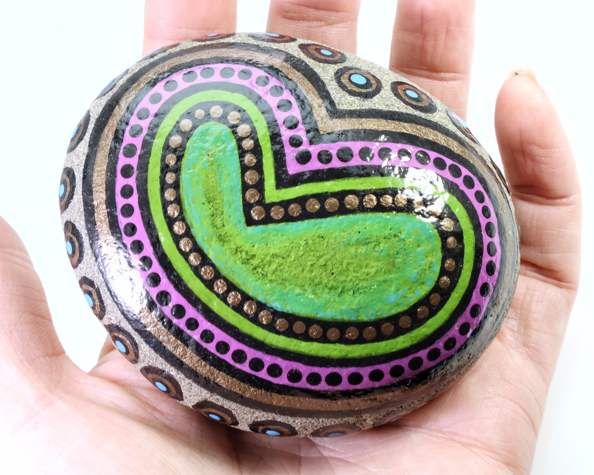 Hand Painted Mandala Heart Rock Green Blue Purple & Bronze | Etsy