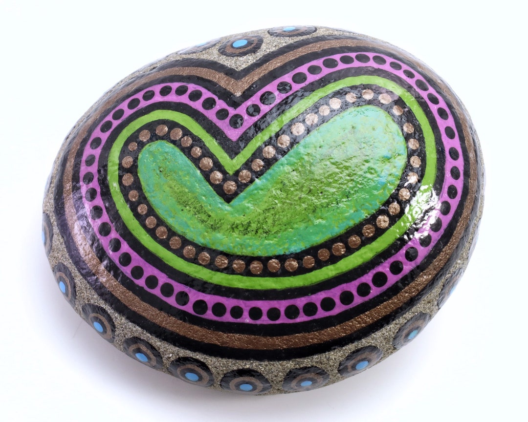 Hand Painted Mandala Heart Rock Green, Blue, Purple & Bronze Meditation ...
