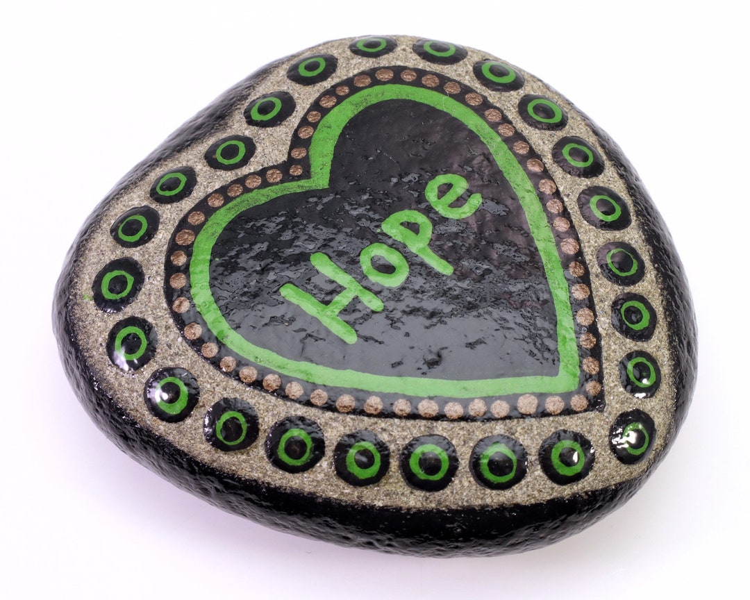 Hand Painted Hope Heart Rock Green & Red Mandala Stone Art, Meditation ...