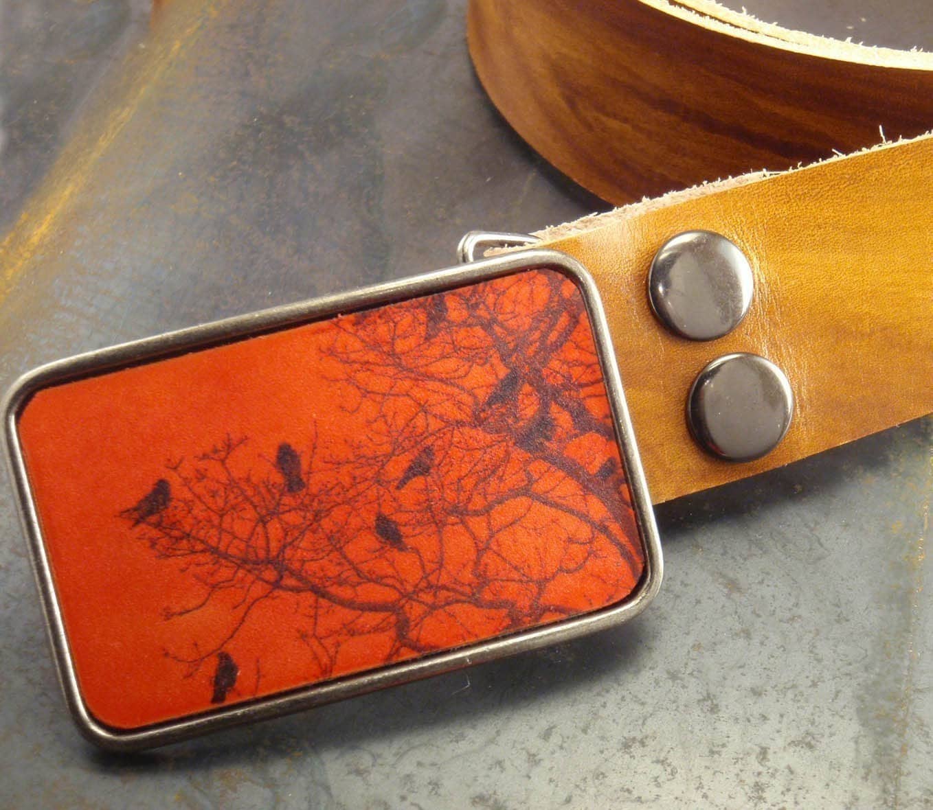 Metal Belt Buckle Birds Trees Leather - Etsy