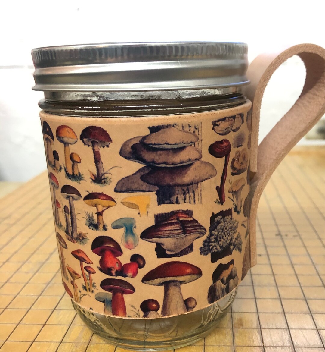 Handmade Leather Coffee Mug - Mason Jar Sleeve - Fungi Mushroom Cup ...