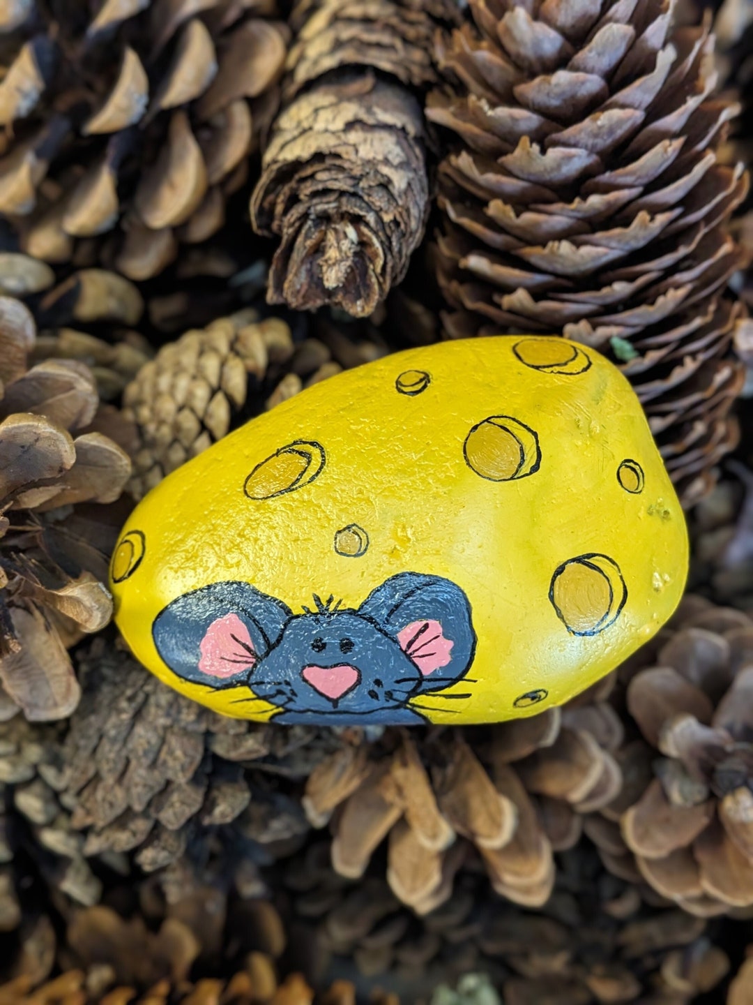Hand Painted Mouse & Cheese Stone Painted Stones Kids Pocket Pebble ...