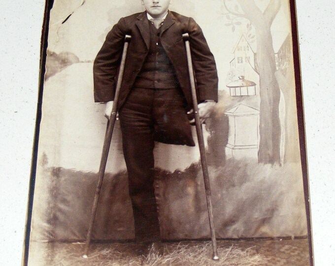 Antique Victorian Era Young Man Amputee One Leg on Crutches Photograph ...