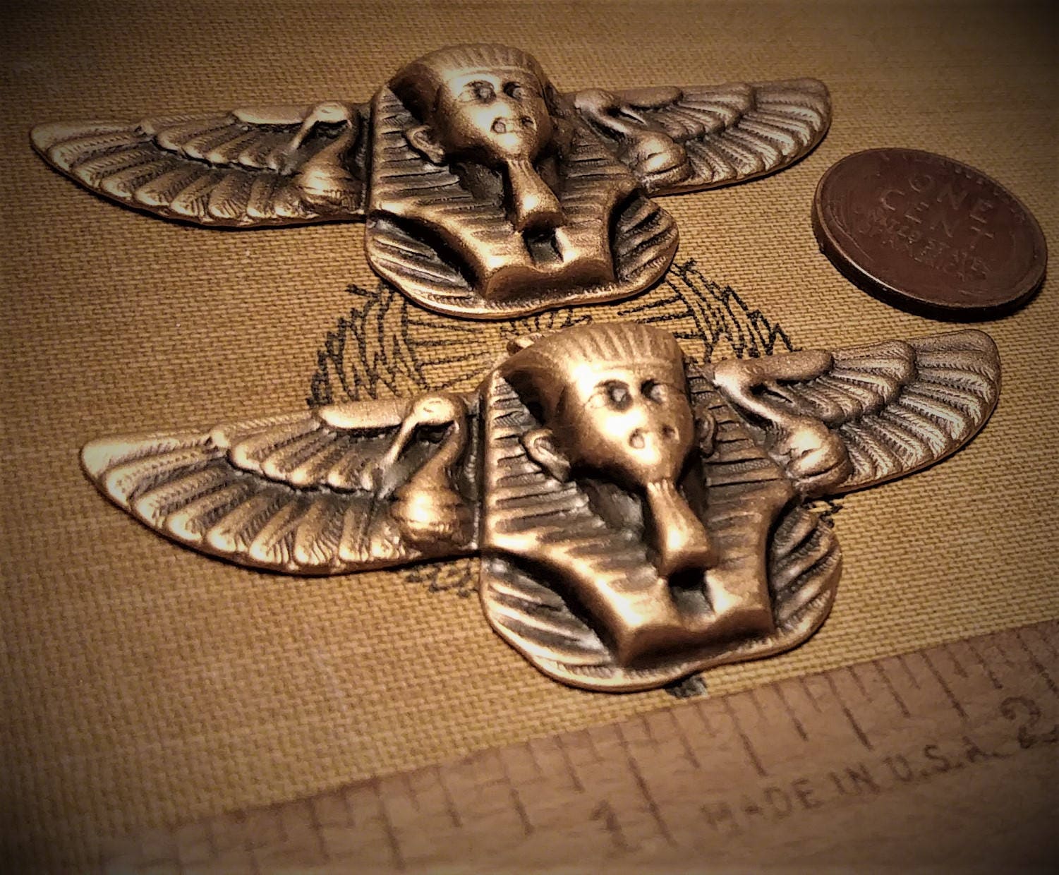 2pc Egyptian Winged Pharaoh Sphynx Vintage Stl Brass Stamping Cameo ...