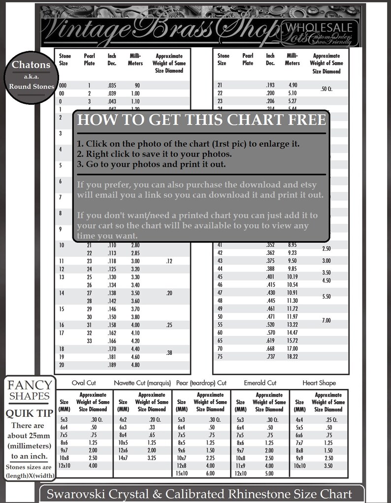 Free Chart to Convert Swarovski Crystal and Rhinestone Faceted Stone ...