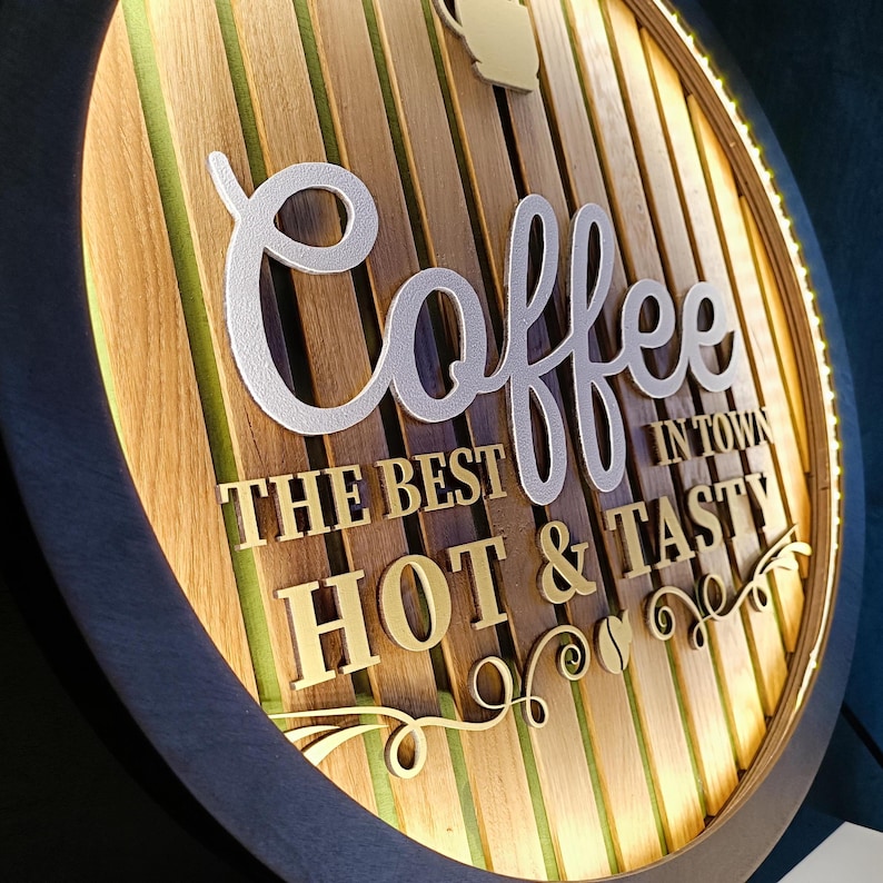 Coffee Shop Sign Illuminated Oak Business Logo Sign Custom Restaurant ...