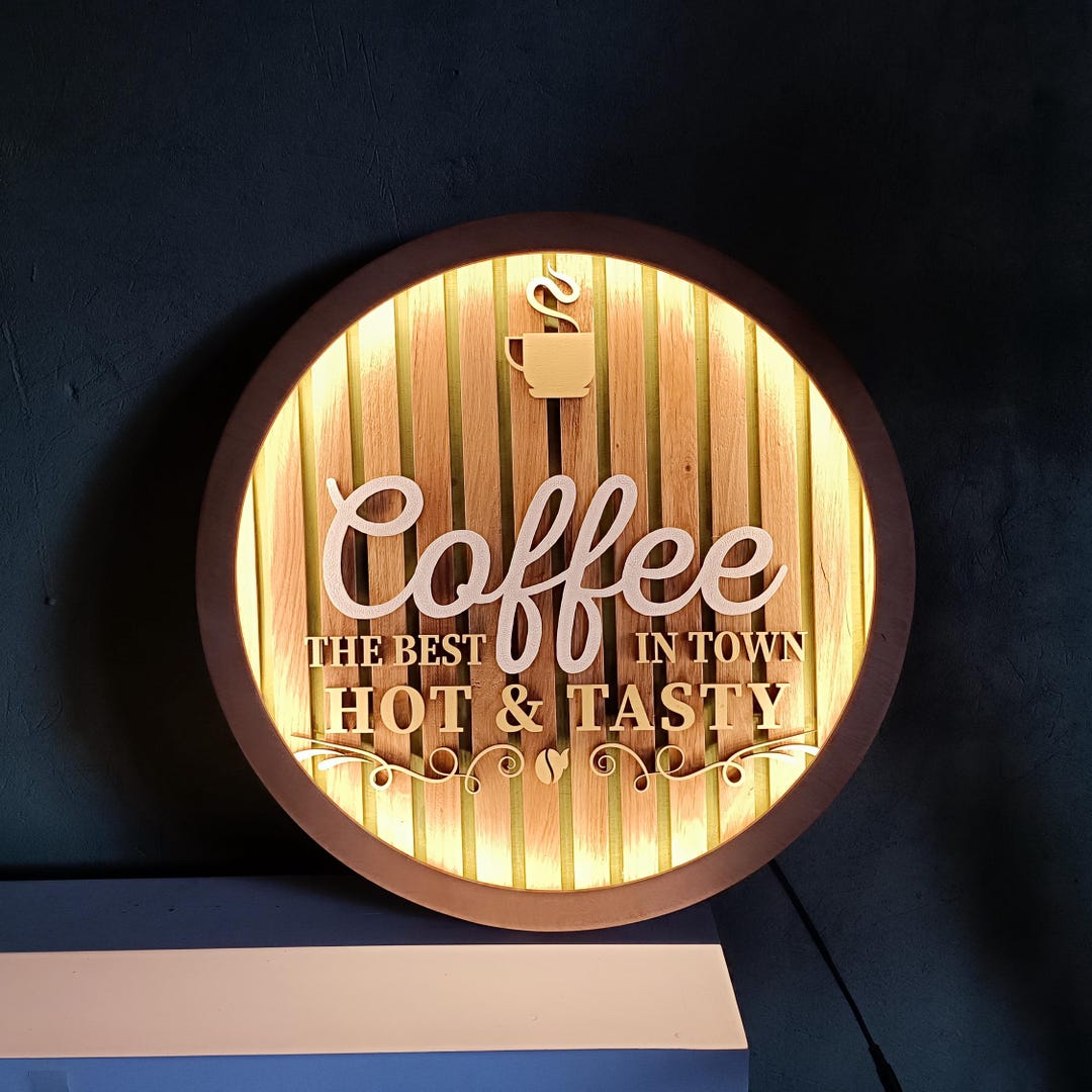 Coffee Shop Sign Illuminated Oak Business Logo Sign Custom Restaurant ...