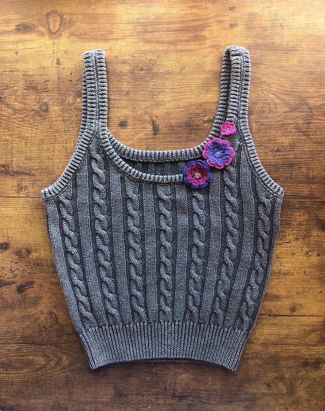 Black Cotton Cable Knit Crop Cami With Crochet Flowers (M) - Etsy