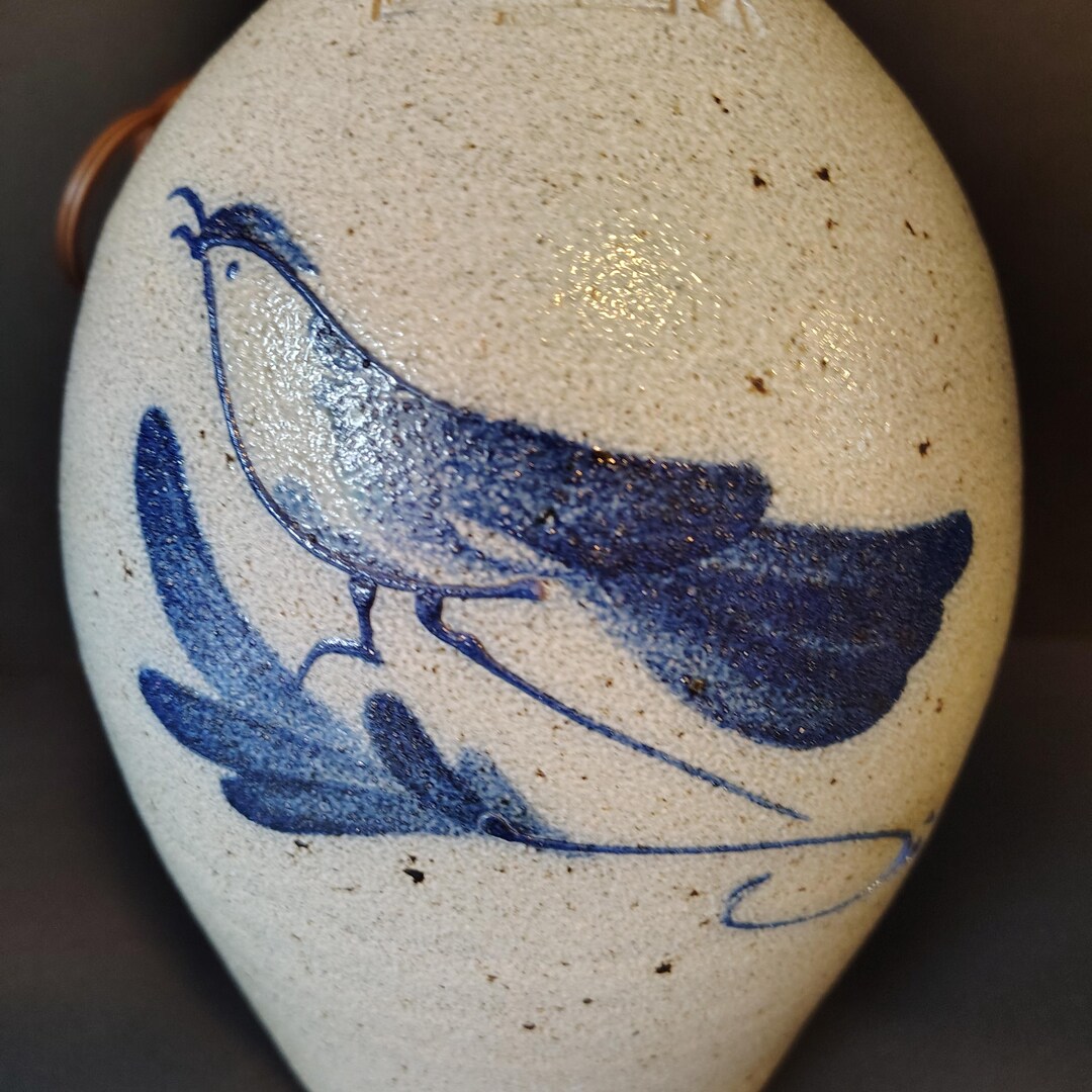 Vintage Rowe Pottery Jug Lamp: Blue Bird Salt Glaze Stoneware ...