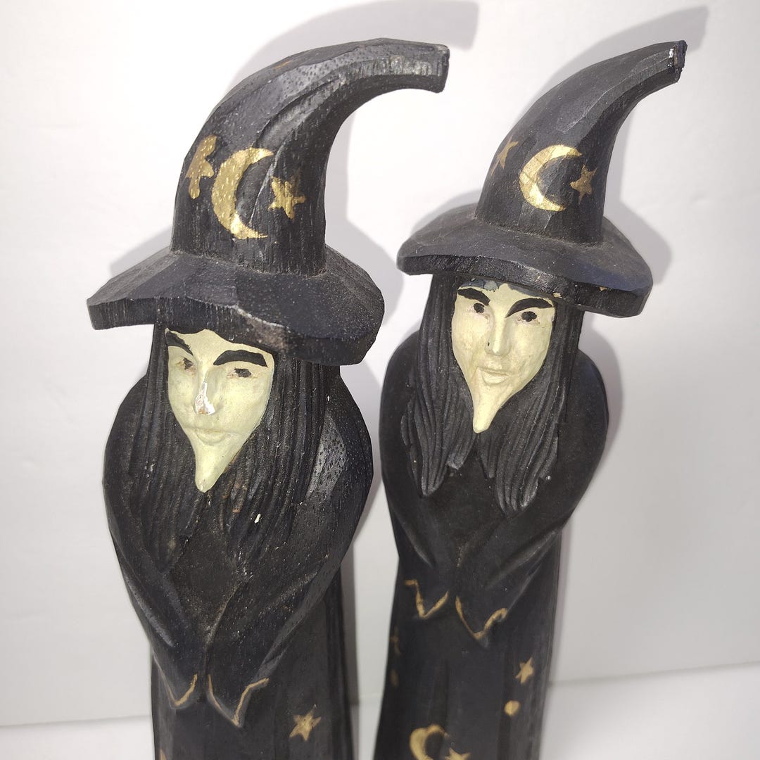 James Haddon Hand Carved Witch Figures | Signed Folk Art Halloween ...
