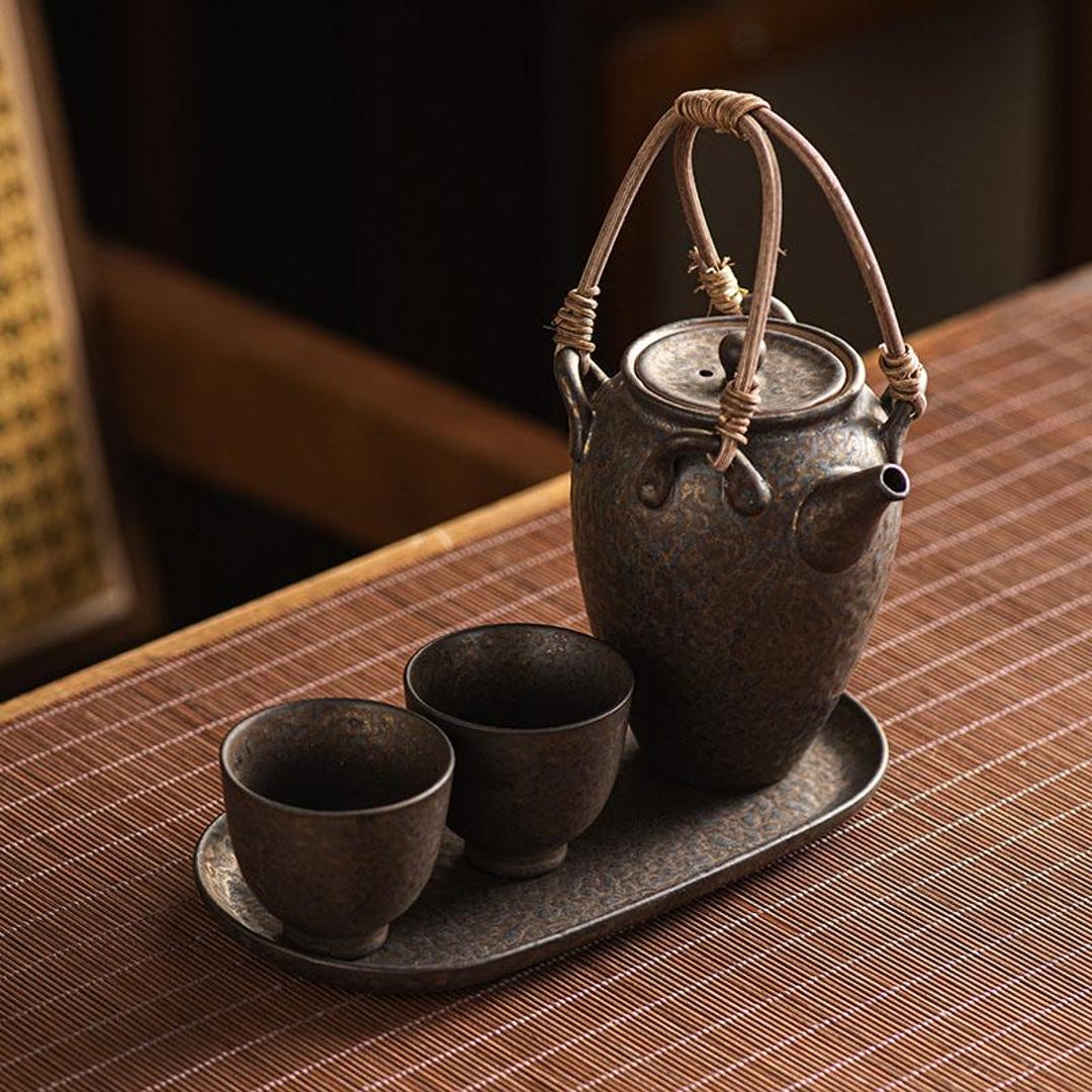 Handmade Ceramic Tea Set, Rattan Teapot Set, 1 Pot 2 Cups Tea Set With ...